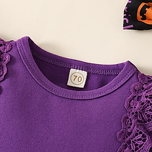 Guodeunh Newborn Baby Girl Halloween Outfits Ruffle Pumpkin Romper Tunic Drees Long Sleeve Skirt Set+Headband Fall Winter Clothes（Purple- Black,12-18 Months）
