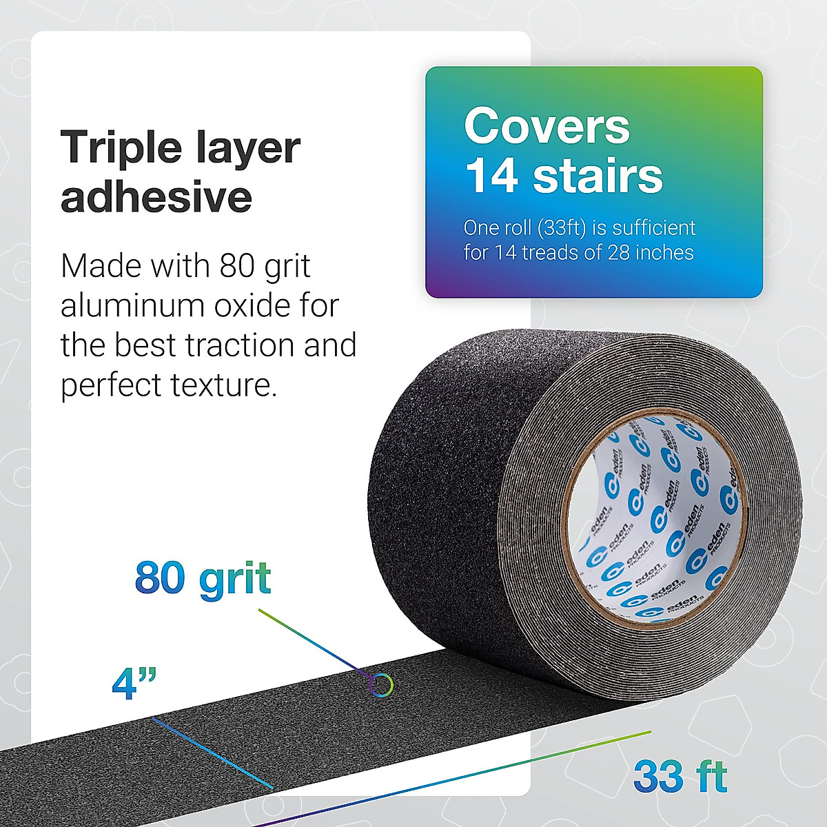 EdenProducts Heavy Duty Anti Slip Grip Tape (4inx33ft) - High Traction Anti Slip Tape, Waterproof Outdoor Grip Tape for Stairs, for Skateboards, Bat, Pool, Floor - Non Skid Tape Outside Step Treads