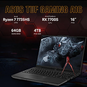 asus TUF A16 16'' FHD 165Hz Gaming Laptop, AMD Ryzen 7-7735HS, Radeon RX7600S V8G Graphics, 64GB DDR5 RAM, 4TB PCIe SSD, RGB Backlit Keyboard, Wi-Fi 6, HD Camera, Black, Win 11 Pro, 32GB USB Card