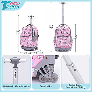 NEW TILAMI Unicorn Rolling Backpack for Kids, 18 Inches Adjustable Laptop Backpack with Wheels for Girls to School Travel Camping Boys Rolling Backpack