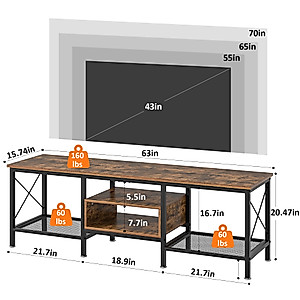 VECELO Industrial TV Stand for 70 Inch Television Cabinet 3-Tier Console with Open Storage Shelves, Entertainment Center Metal Frame for Living Room, Bedroom, 63 Inch, Dark Brown