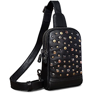 CENUNCO Genuine Leather Sling Bag for Women Small Leather Crossbody Sling Backpack Rivet Style Chest Anti-Theft Black Phone Purse with Card Slots Casual Daypack