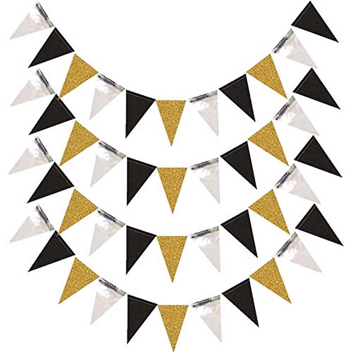 40 Feet Paper Triangle Pennant，Glitter Pennant Banner Bunting for Wedding，Baby Shower，Birthday Party Decorations Supplies(4PCS) (black/gold/silver)