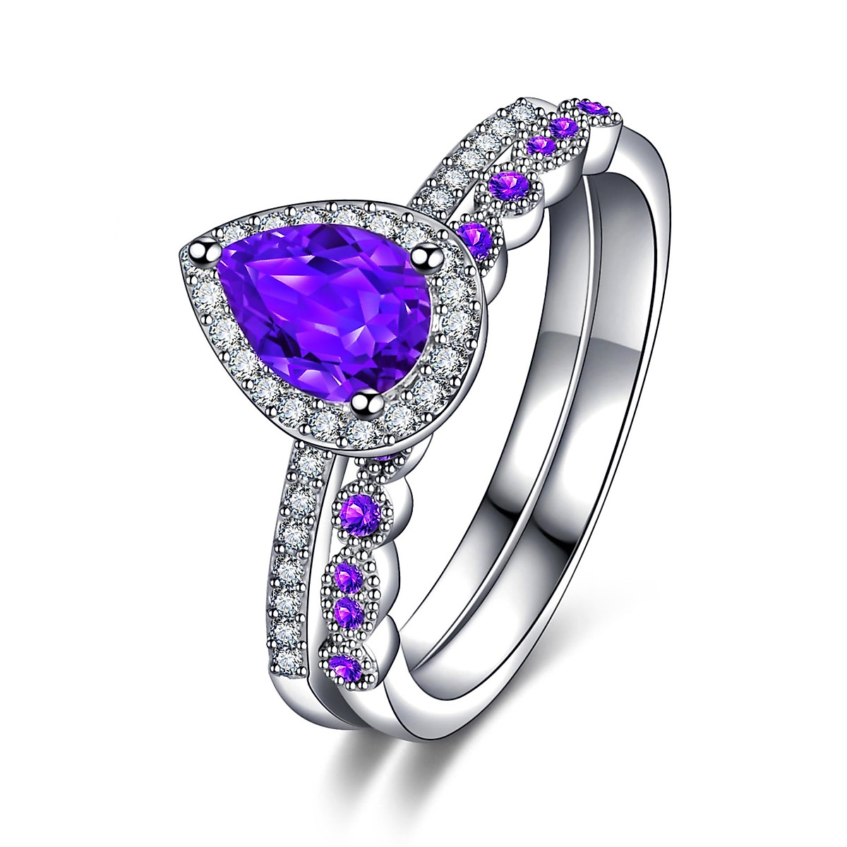 UNIQUFERANGER 925 Sterling Silver Shiny Purple Teardrop Shape 3Ct Cubic Zirconia Eternal Engagement Wedding Diamond Ring for Women (US Code 5-10) (9)