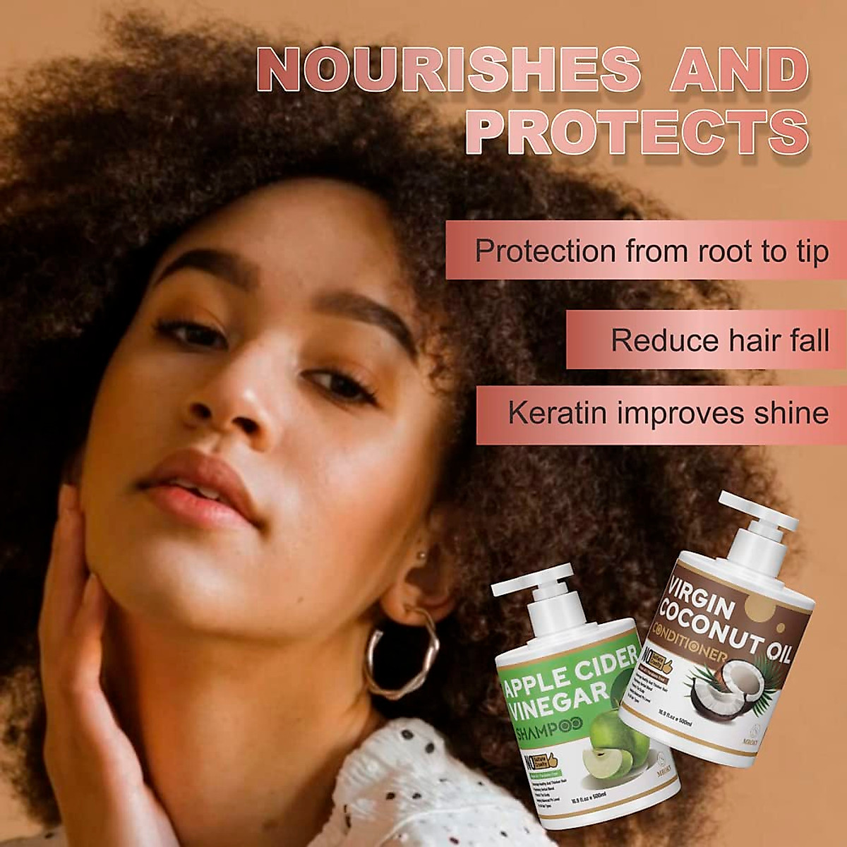 Mroky Shampoo and Conditioner Set, Apple Cider Vinegar Shampoo and Virgin Coconut Conditioner Bundle for Oily Dry Dull Damaged Curly Frizzy Hair, Sulfate, Silicone & Paraben Free, 2 x 16.9 fl oz