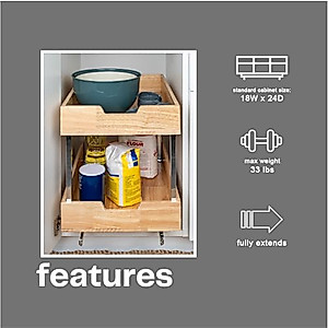 Household Essentials 2 Tier Pull Out Cabinet Organizer, Solid Wood Basket, Fully Extending Gliders, Bottom Cabinet Organizer, Heavy-Duty, Natural Finish and Chrome