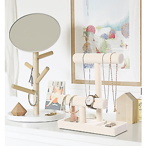 ByKen Multi-Functional 2 Tier Jewelry Holder,Necklace Bracelet Holder with Earrings Rings Tray,Jewelry Organizer Stand for Scrunchie Watches(Beige Velvet)