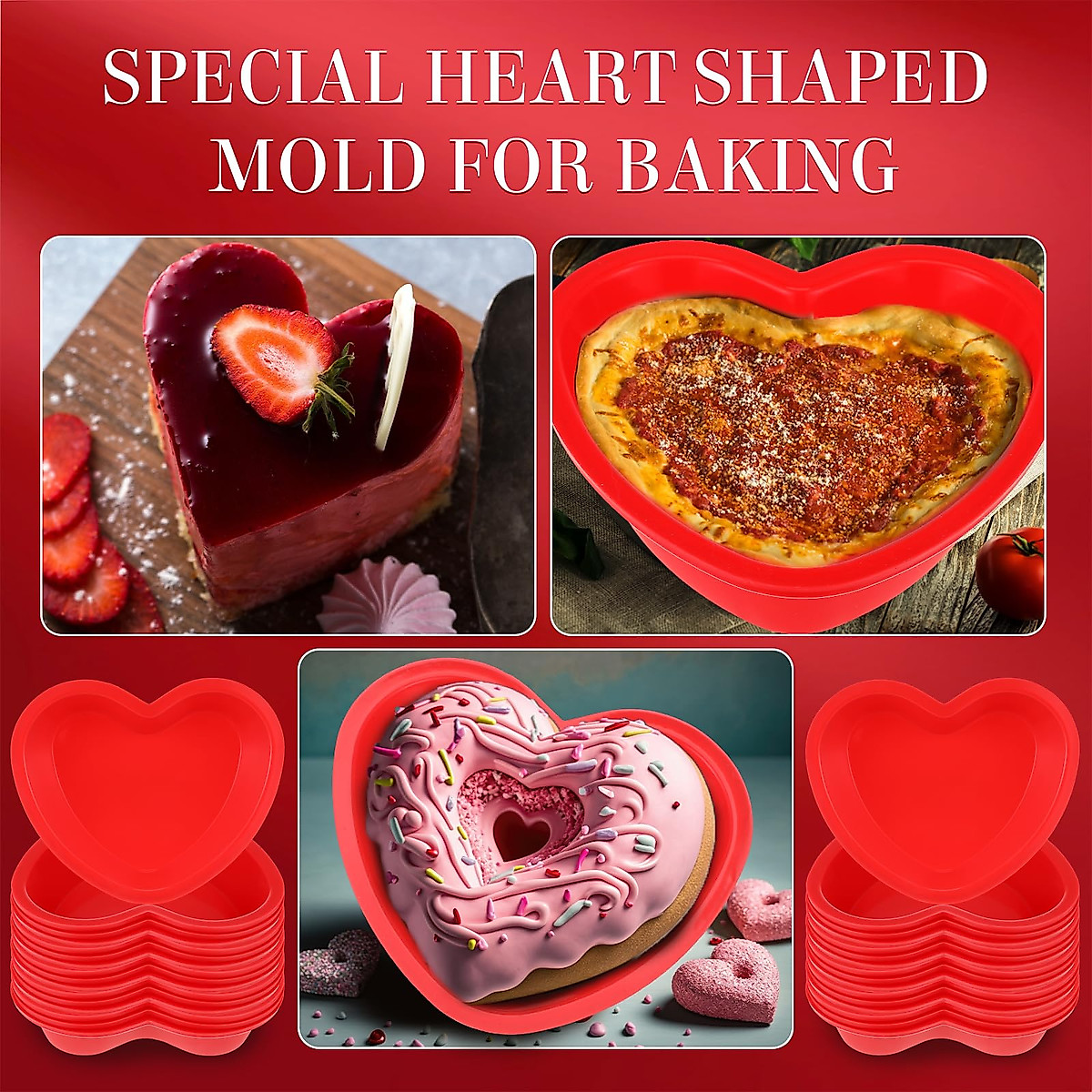 Leriton 12 Pcs Heart Cake Pan Silicone Heart Cake Molds Baking Pan Nonstick Molds for Anniversary Birthday Snack Cupcake Baking (5.5 Inch)