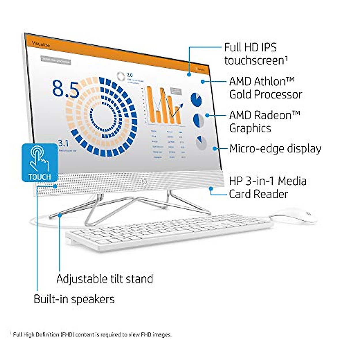 HP 24-inch All-in-One Touchscreen Desktop Computer, AMD Athlon Gold 3150U Processor, 8 GB RAM, 512 GB SSD, Windows 10 Home (24-df0040, White), Snow White