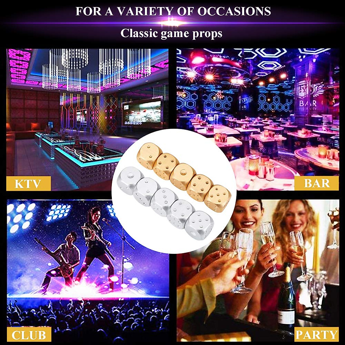 5pcs Table Game Dice, Aluminium Alloy Table Game Poker Games Dices Set with Storage Box for Table Games Poker Monopoly(Gold-Rectangle Box)