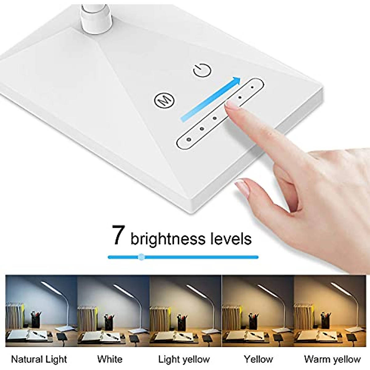 K&ZZ LED Desk Lamp, Dimmable LED Table Lamp, Eye-Caring Study Light with USB Charging Port, Office Light with 5 Lighting Modes 7 Brightness Levels, Touch-Sensitive Reading Light, White