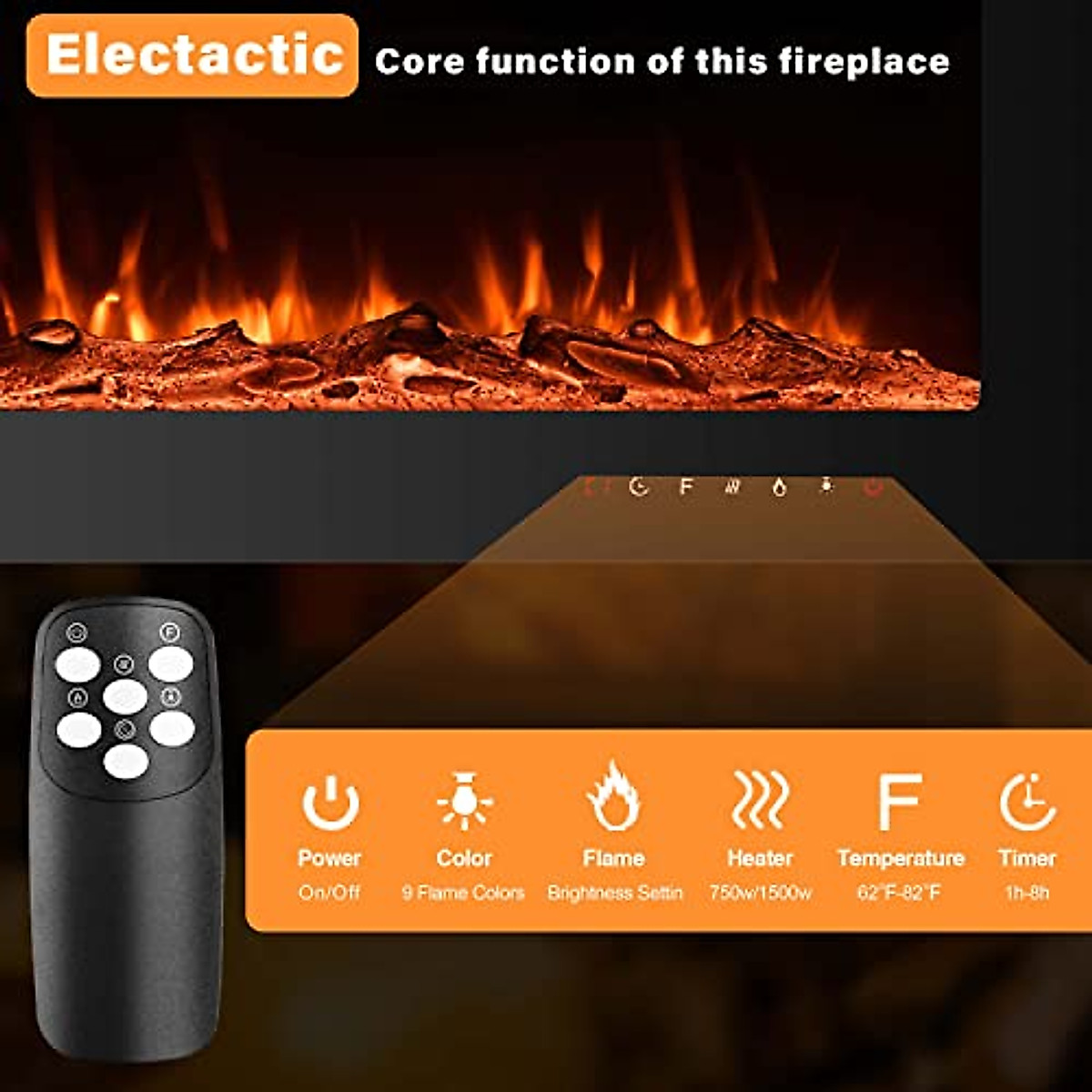 50 Inch Electric Fireplace Inserts, Wall Mounted Fireplace, Led Fireplace with Logs, Recessed Electric Fireplace with Remote Control, Linear Fireplace, 9 Multi Color Flames, 750/1500W
