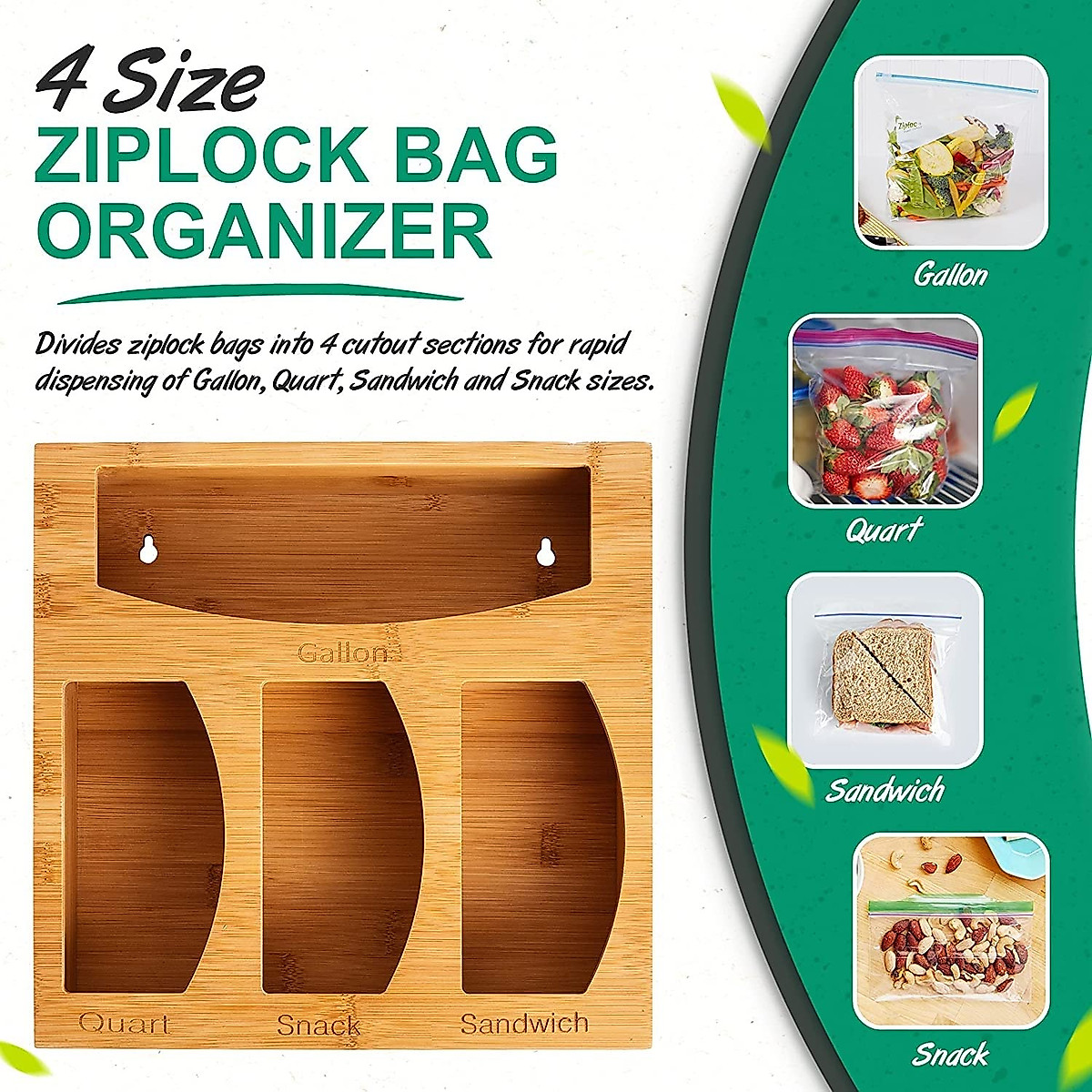 Ilberry Ziplock Bag Storage Organizer | Bamboo Ziplock Bag Organizer Designed to Fit Most Kitchen Drawer | Food Baggie Holder Suitable for Gallon, Quart, Sandwich and Snack Variety Size Bags