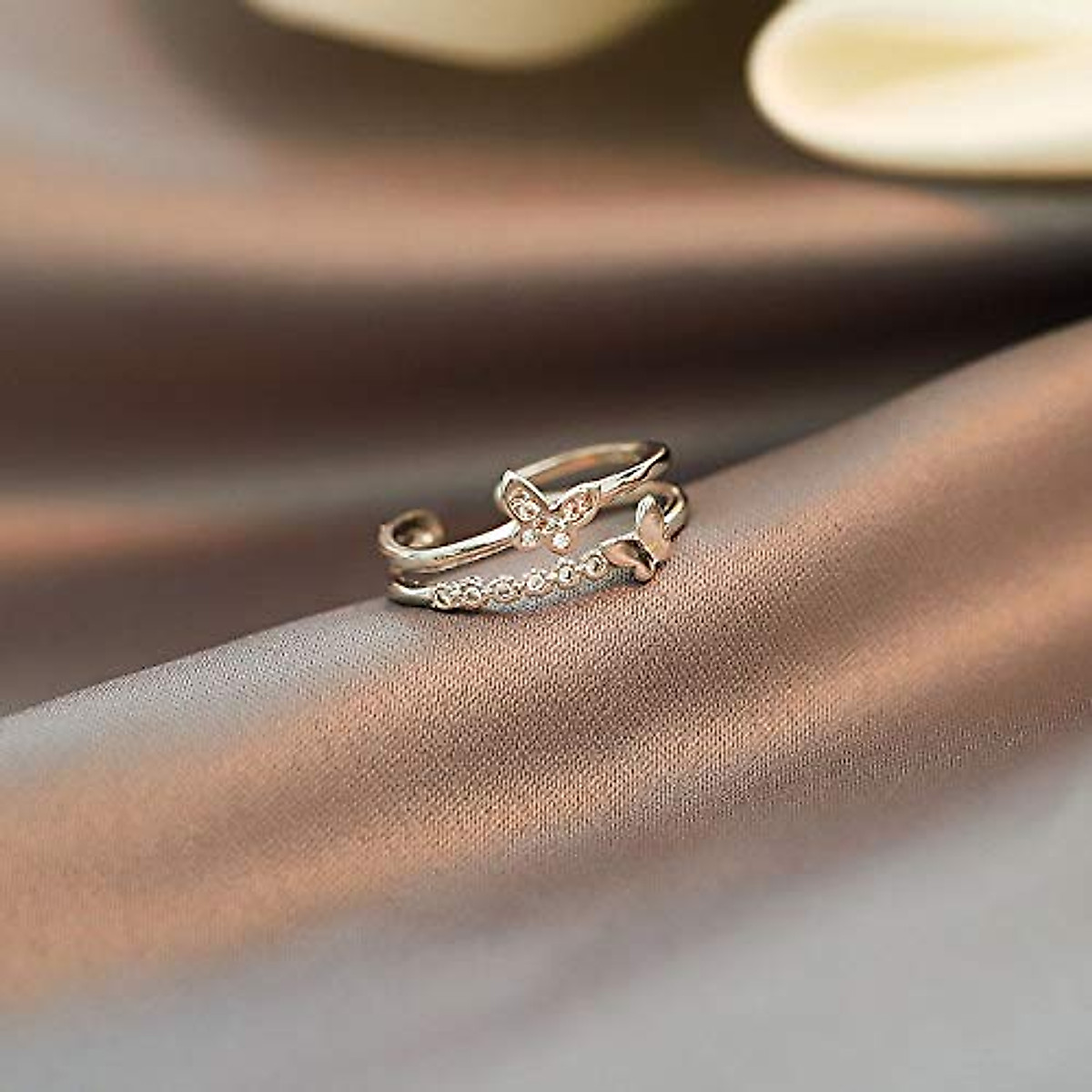 FUTIMELY Dainty Butterfly Ring for Women Silver Rose Gold Double Butterfly Ring Adjustable Crystal Butterfly Knuckle Ring (Silver)