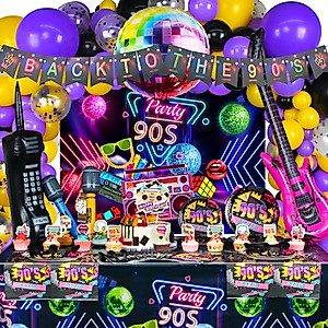 HJINGY 90s Party Decorations 80's 90's Theme Party Bundle includes Inflatable Gitar&Mobile Phone, Back To The 90's Banner, Tablecloth, Cake Toppers, Plates, Napkins, Hip-Hop Backdrop