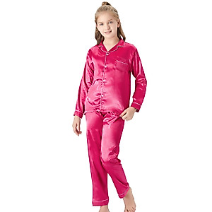 Topgal Cute Hot Pink Pajama Set for Girls – Satin Silky Long Sleeve & Pants Button Down PJ Set Size 10