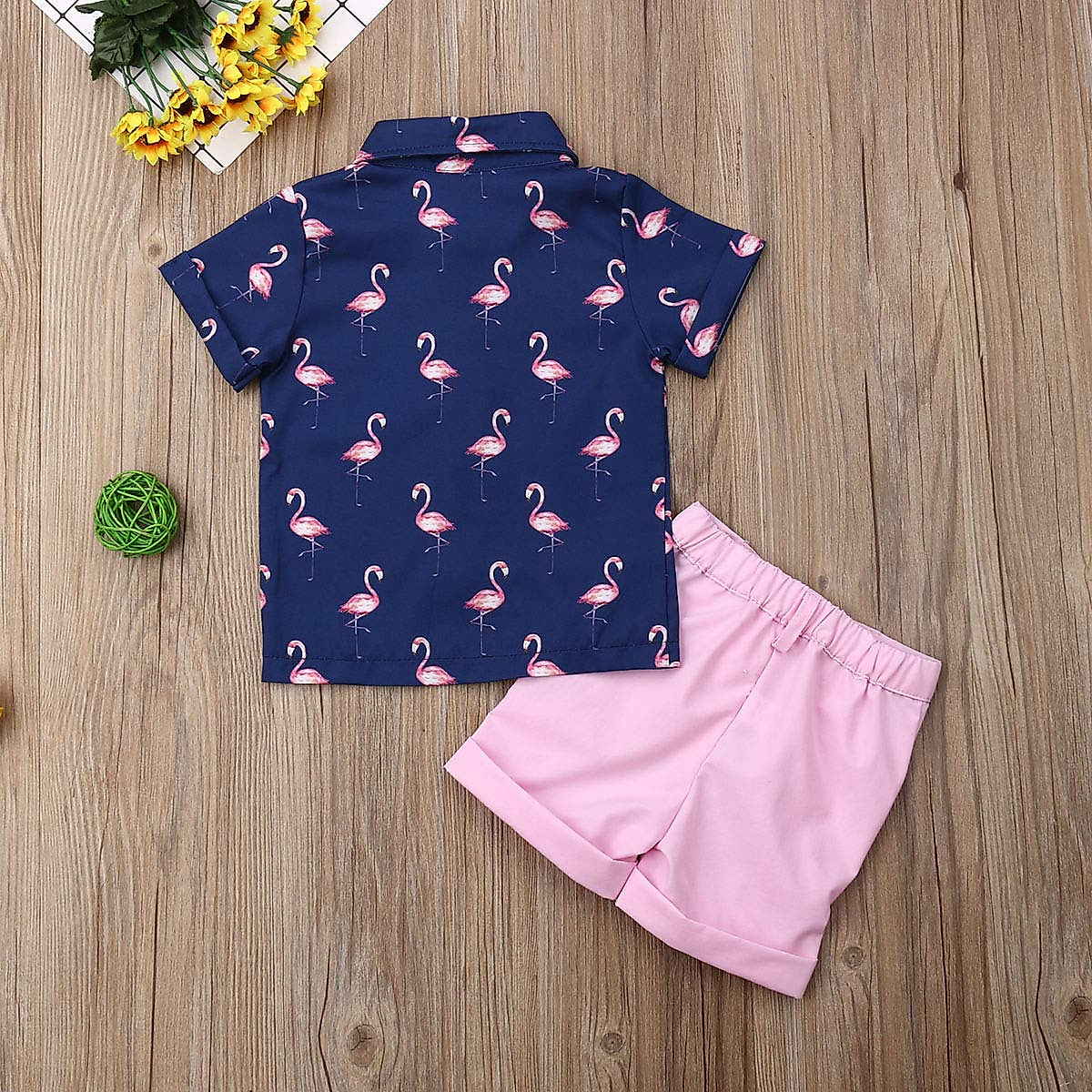 VISGOGO Toddler Baby Boy Flamingo Short Sleeve Button Down Shirt & Casual Shorts Set Summer Outfits 1-6 Years Clothes