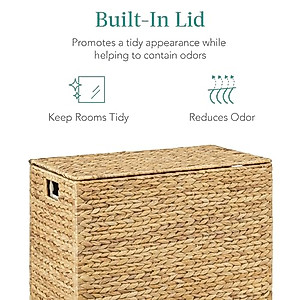 Best Choice Products Large Double Laundry Hamper with Lid, Natural Handwoven Water Hyacinth, 2 Sections w/ 2 Machine Washable Linen Liner Bags, Portable, Handles - Natural