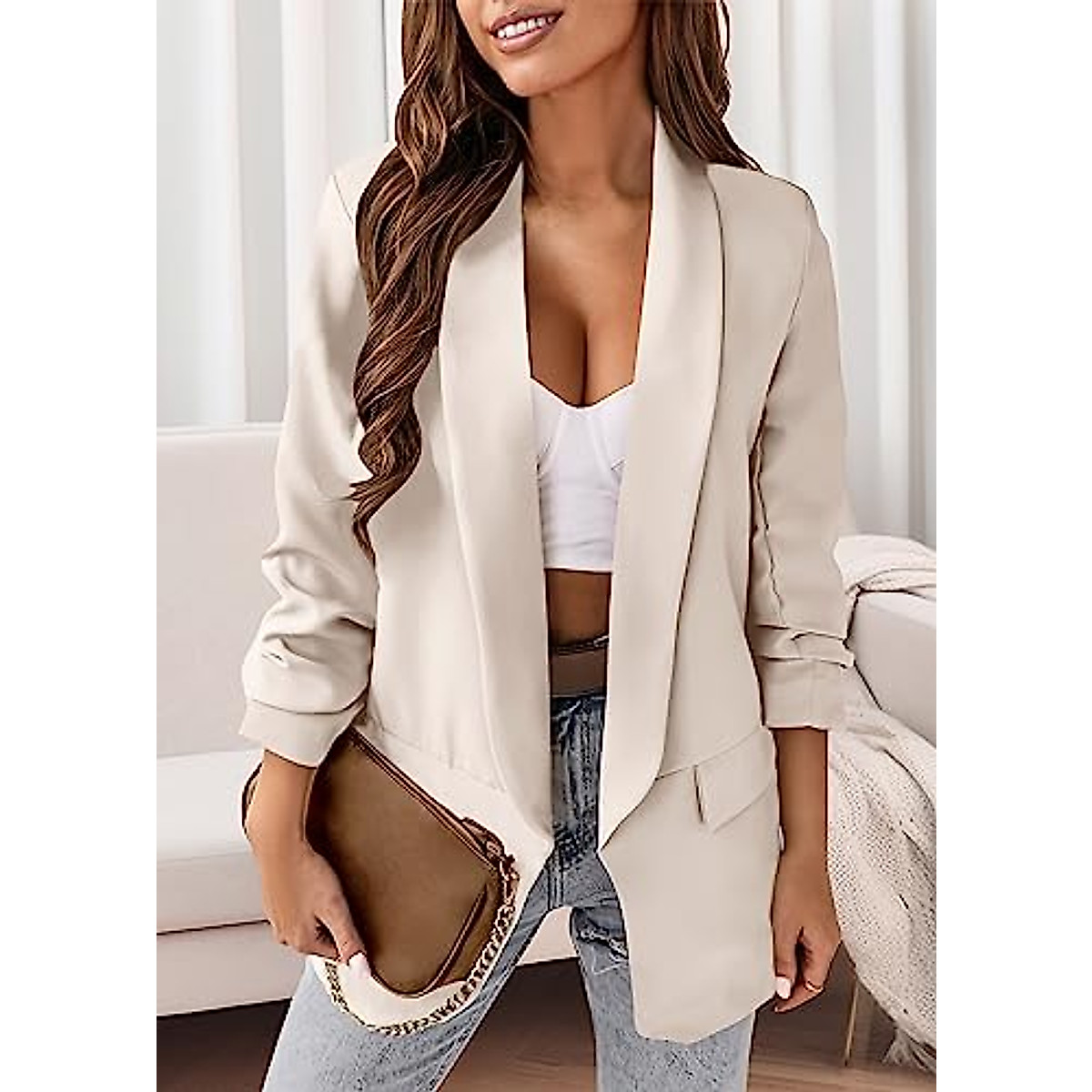 KIRUNDO Womens Fall Fashion 2023 Casual Blazers Long Sleeve Open Front Work Suit Office Blazer Jackets with Pockets(Beige White, Medium)