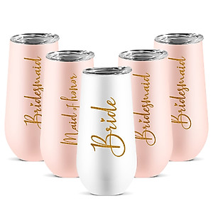 CARAKNOTS Bridesmaid Proposal Gifts Bridesmaid Cups Set of 5 Wedding Champagne Flutes for Bridal Shower Engagement Bachelorette Party Favor Maid of Honor Pink Stainless Steel Tumbler 6 oz