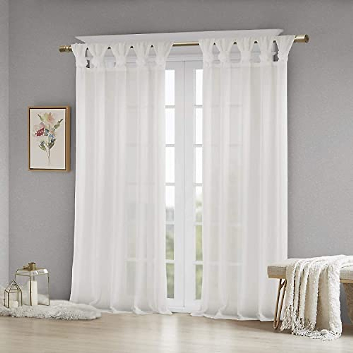 Madison Park Rosette Floral Embellished Cuff Tab Top Solid Window Treatments Single Curtain Panel Drape for Bedroom Living Room and Dorm, 50"x84", White