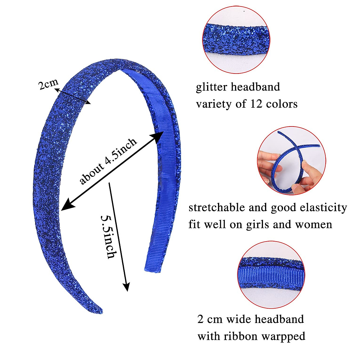 12 Colors Sparkle Plastic Headbands For Girls,Glitter 2 cm Thin Head Bands No Slip Fashion Girls Hard Toddler Hairbands