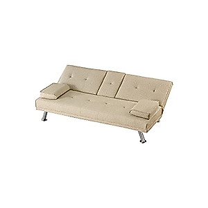 67" Leather Multifunctional Double Convertible Folding Futon Sofa Bed, Adjustable Couch Sleeper Modern for Office with 2 Cupholders, Removable Armrests (Beige)