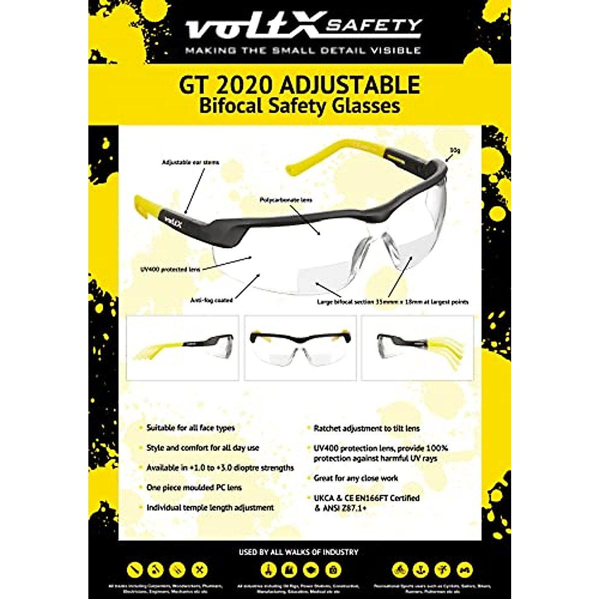 voltX GT ADJUSTABLE Bifocal Reading Safety Glasses (Clear Lens +2.5), ANSI Z87.1+ & CE EN166FT, Anti fog coated, UV400 Lens, Scratch resistant, Tilt & length adjustable earstems, clip on safety cord.