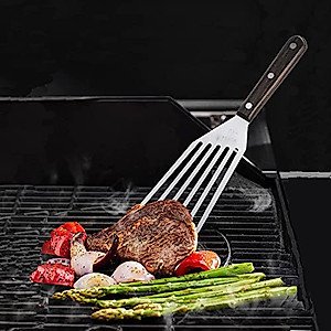 TENTA TENTA KITCHEN Set of 2 Stainless Steel Fish Spatula and Fish Turner Wooden Handle and Stainless Steel Handle Slotted Turner BBQ Fry Turner for Cooking Fish/Meat/Dumpling