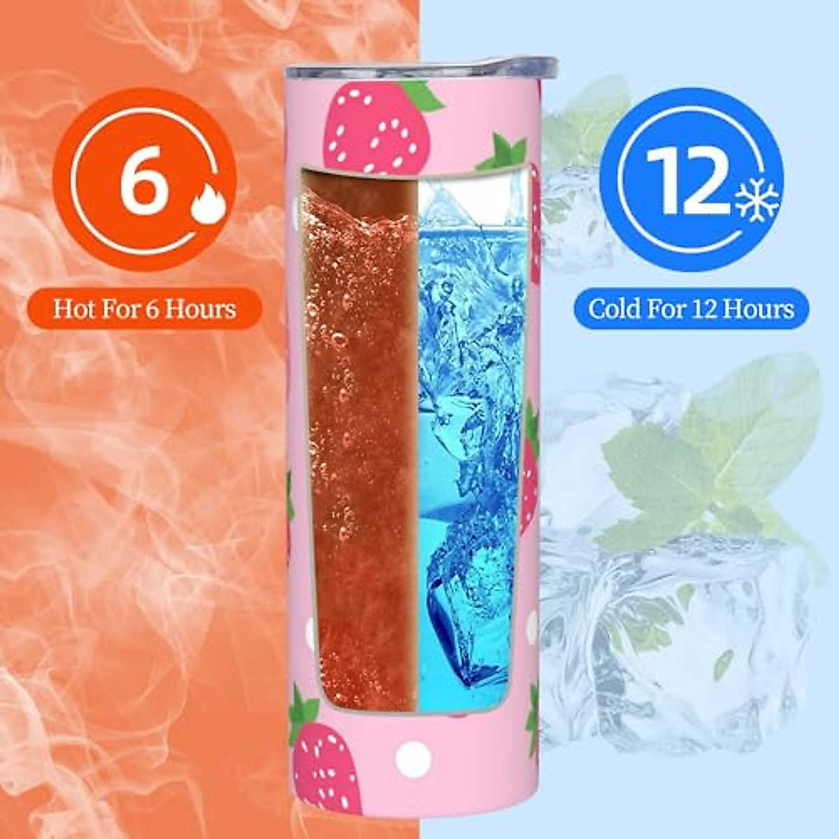 Tangopi Pink Strawberry Pattern 20 oz Tumbler with Lid and Straw Insulated Travel Coffee Mug Reusable Spill Proof Coffee Cups Stainless Steel Water Bottle for Hot and Cold Drinks