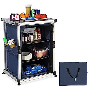 VEVOR Camping Kitchen Table Storage, Outdoor Pop-up Aluminum Portable Folding Cook Station with 3-Tier Organizer, Side Pocket & Carrying Bag, Quick Set-up for BBQ Party Backyard RV Traveling, Blue