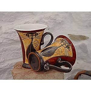 Pottery Coffee Mug, Cat Mug, Red Mug with Unique Hand Painted Decoration