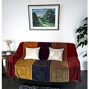 Ujoyen Bohemian Throw Blankets Colorful Chenille Jacquard Tassels Boho Hippie Decorative for Bed Couch Sofa Soft Chair Recliner Loveseat Furniture Cover Red Blue -M