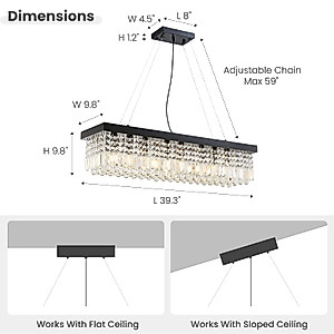 7PM Rectangle K9 Crystal Chandelier Modern Rectangular Pendant Lighting Fixture for Dining Room Kitchen Island Bedroom Black L40 x W10 x H10