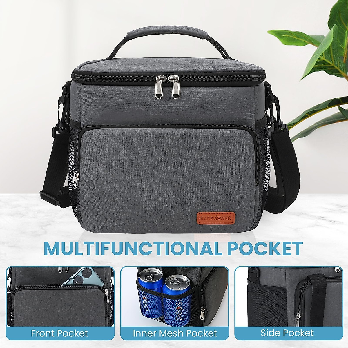 BAGSVIEWER Large Insulated Lunch Box for Men & Women, Reusable Lunch Bag for Work Office Picnic, Leakproof Cooler Bag with Adjustable Shoulder Strap (Grey, 12L)