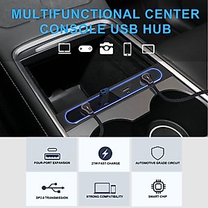 Fit for Tesla 2021 2022 Model Y Model 3 Accessories Docking Station of Center Console Smart Sensor, 4 in 1 USB LED HUB Adapter Cable Charger Powered Splitter Extension Accessories