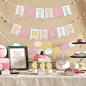 HEETON Little Pumpkin Banner Pink Girl Pumpkin Cake Topper Fall Baby Shower Birthday Halloween Thanksgiving Pumpkin Party Decorations Supplies Photo Booth Props