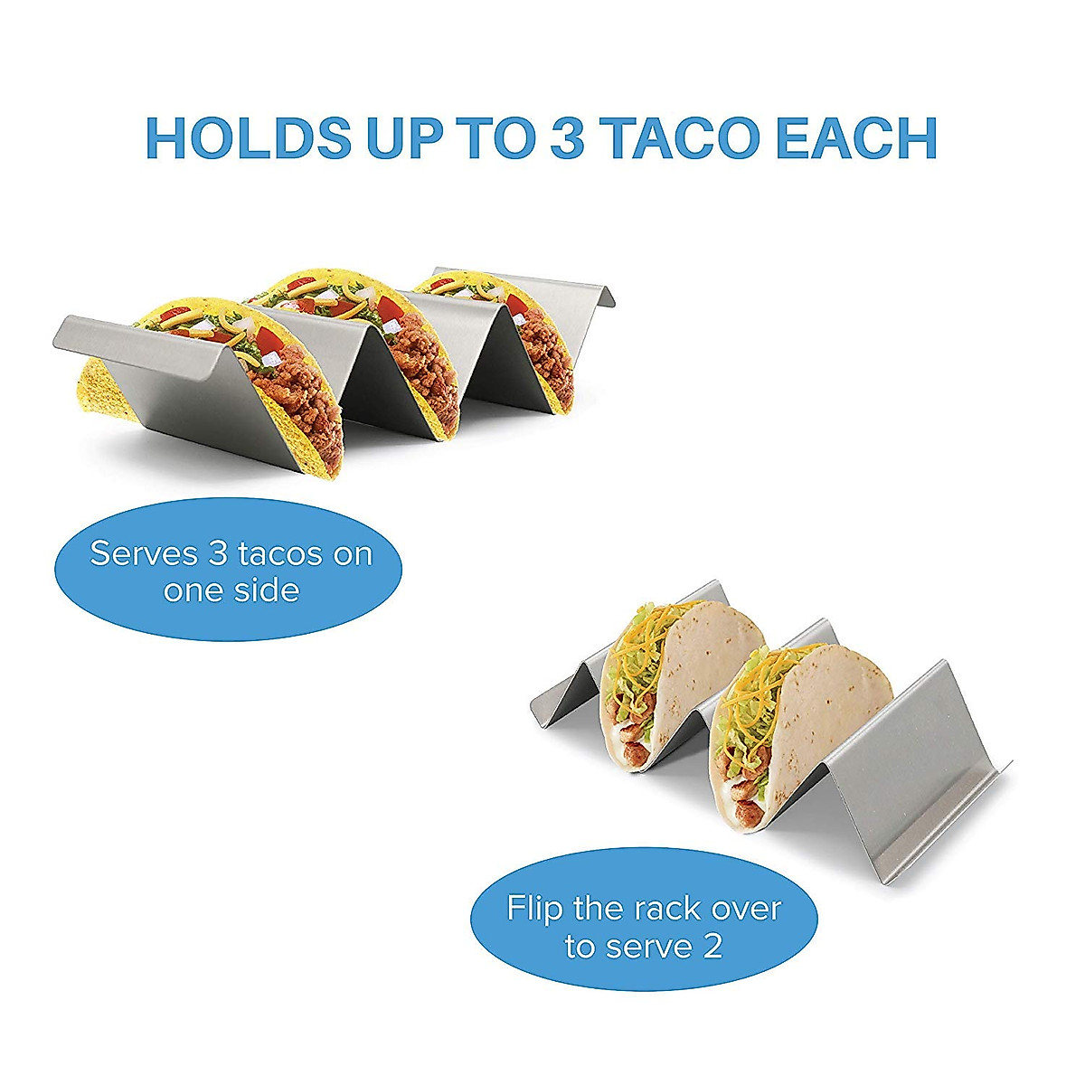 2 Pack Taco Holder Stand with Handles - Stainless Steel 4”x8” Taco Rack Holds up to 3 Tacos Each, Oven, Grill and Dishwasher Safe, Easy to Fill, Great Presentation on Plate