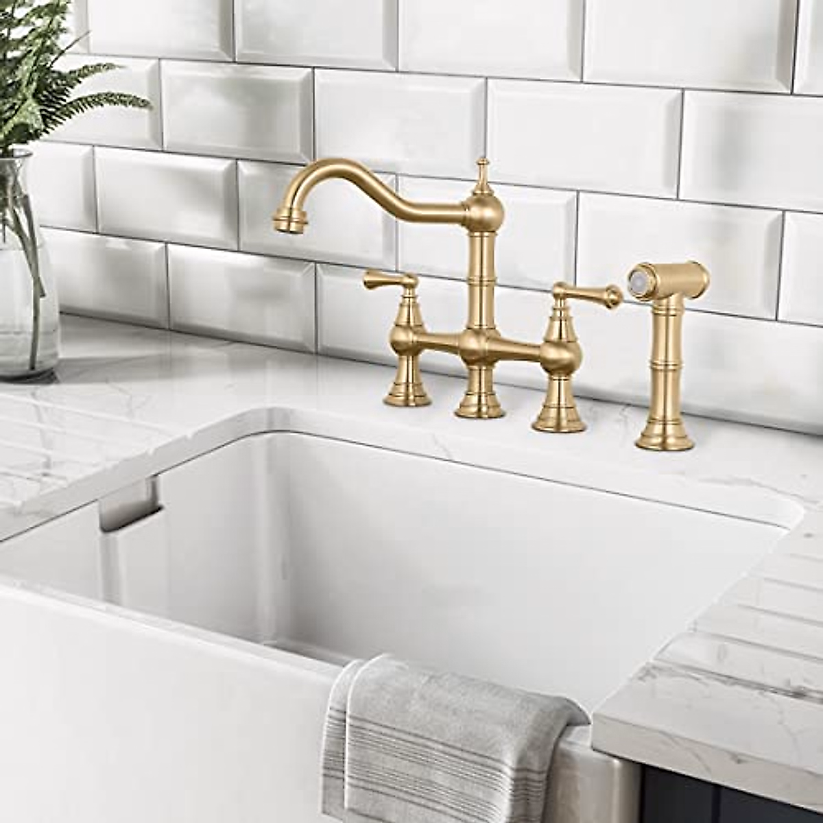 WOWOW Brass Kitchen Faucet Bridge with Side Sprayer, 4 Hole Kitchen Faucet 2 Handle 8 Inch Centerset Gold Faucet for Kitchen Sinks, Heritage Brushed Gold Kitchen Sink Faucet