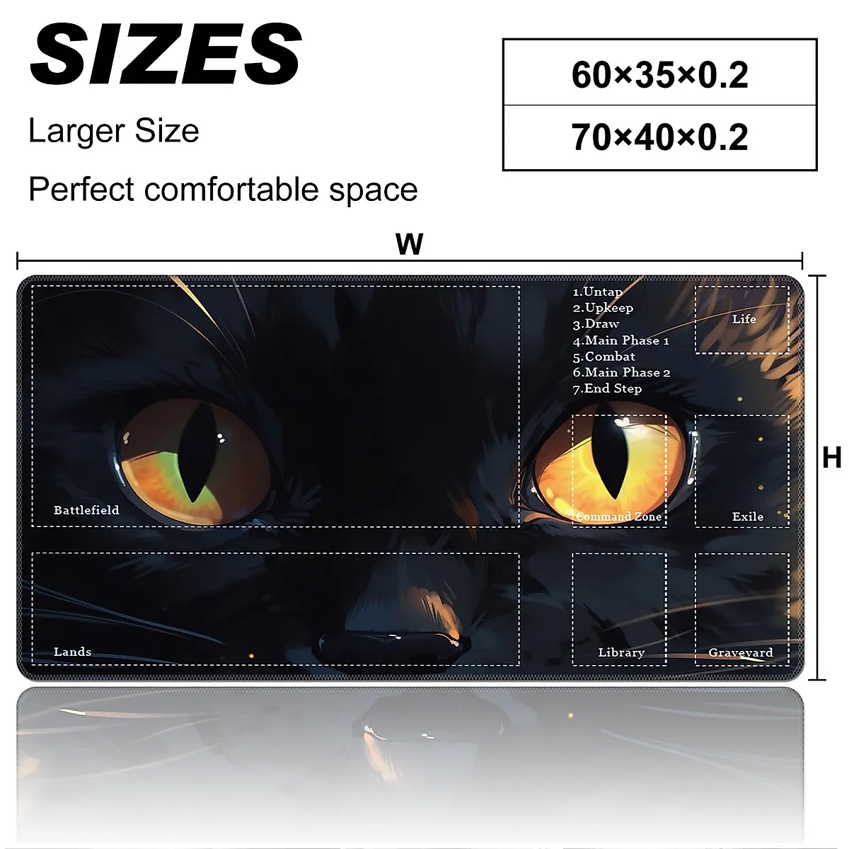 Playmat for MTG Playmat with Zones, 24" x 14" TCG Playmat Ideal for MTG Playmat Game Trading Board, Original Hand-Painted Printing Non-Slip Rubber Bottom & Stitched Edges Mouse Pad, Black Cat Eyes