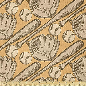 Lunarable Baseball Fabric by The Yard, Sketch Bat Gloves and Balls Vintage Design Inspirations American Sports, Stretch Knit Fabric for Clothing Sewing and Arts Crafts, 1 Yard, Orange Beige