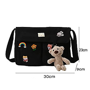 Canvas Crossbody Bag with Kawaii Pins and Pendent,Casual Shoulder Messenger Bag Students Schoolbag for Girls Women