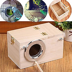 POPETPOP Wooden Bird Nesting Box, Parrot Clear View Window, Lovebirds Breeding Box, Bird Nesting Feeding Station House - Size S (Left or Right Open Window)