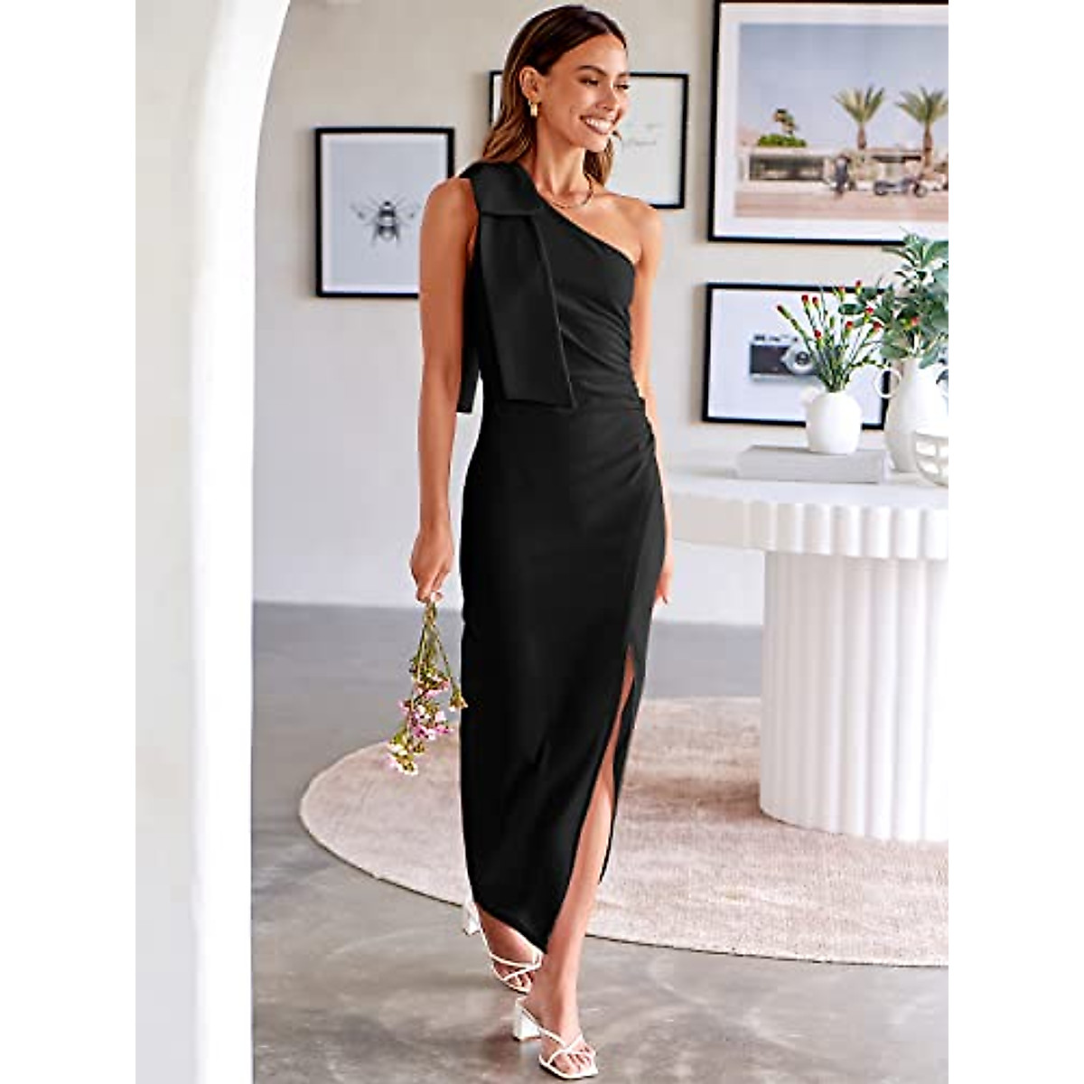 ANRABESS Women's Summer One Shoulder Long Semi Formal Dresses Sleeveless Ruched Bodycon Wedding Guest Cocktail Slit Maxi Dress 2023 Gala Graduation Prom Dress 749heise-S Black