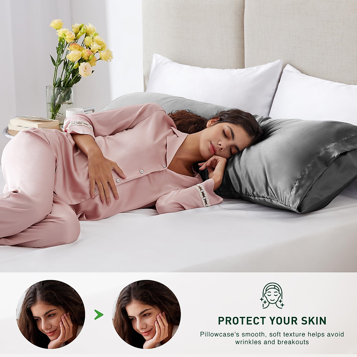 Love's cabin Body Pillow Cover, 20x54 inches Dark Grey Soft Satin Body Pillow case with Envelope Closure, Silky Slip Cooling Body Pillow Pillowcases for hair and Skin