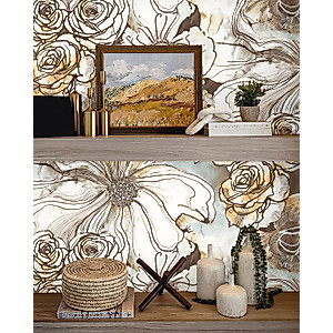 NextWall Harry & Grace Ink Rose Abstract Floral Peel and Stick Wallpaper (Mocha & Blue Mist)