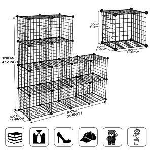 TUMUCUTE Wire Storage Cubes, Metal Storage Shelves Bookshelf, Stackable Modular Closet Organizer for Bedroom Living Room, Office, Black (12 Cubes, Iron)