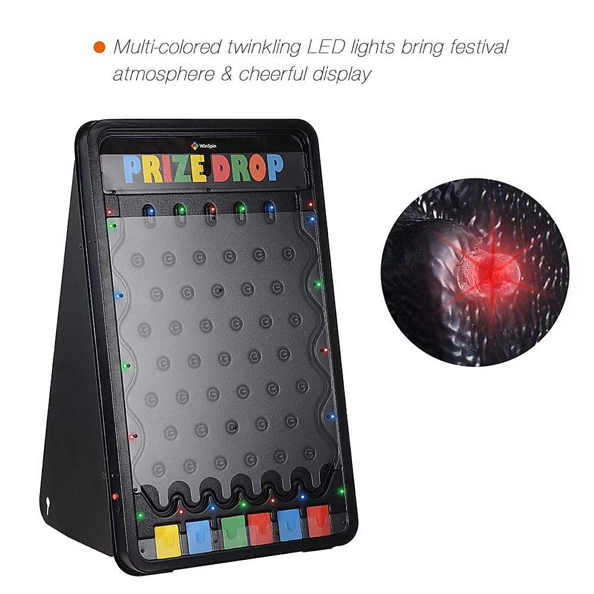 WinSpin 30"x19" Prize Drop Board Foldable Stand Disk Drop Board Game Customizable 6 Slots with 10 Pucks for Carnival Tradeshow Party, (with Multi-Colored LED Light)