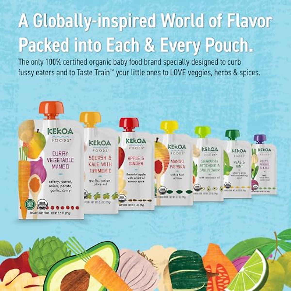 Kekoa Foods Curry Vegetable Mango Baby Food Purée | 100% USDA Certified-Organic, No Sugar Added | Organic, Non-GMO, Gluten-Free, Vegan | Mild Curry with Celery, Carrot & Potato | 3.5 oz Squeeze Pouch