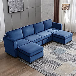 CECER Modular Sectional Sofa Couch,4 Seater Free Combination Sofa Couch with 2 Movable Storage Ottomans, Convertible Sofa Couch with Adjustable Armrest and Backrest for Living Room（Dark Blue）